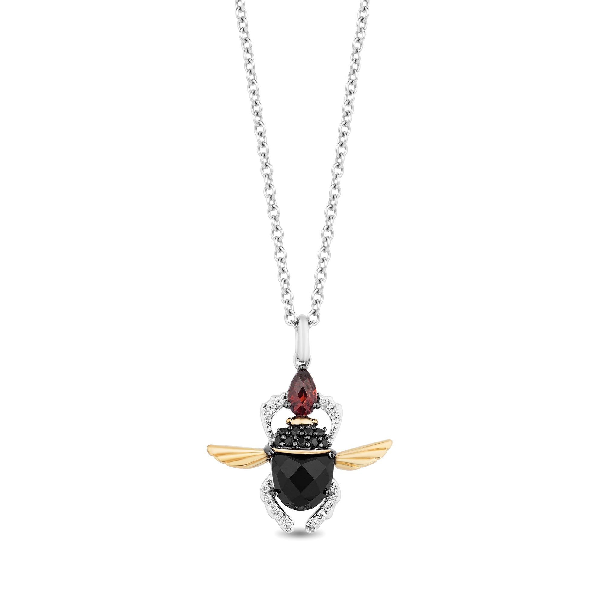 Enchanted Disney Fine Jewelry Sterling Silver and 10K Yellow Gold with 1 8 Cttw Diamonds Garnet and Onyx Jafar Beetle Necklace