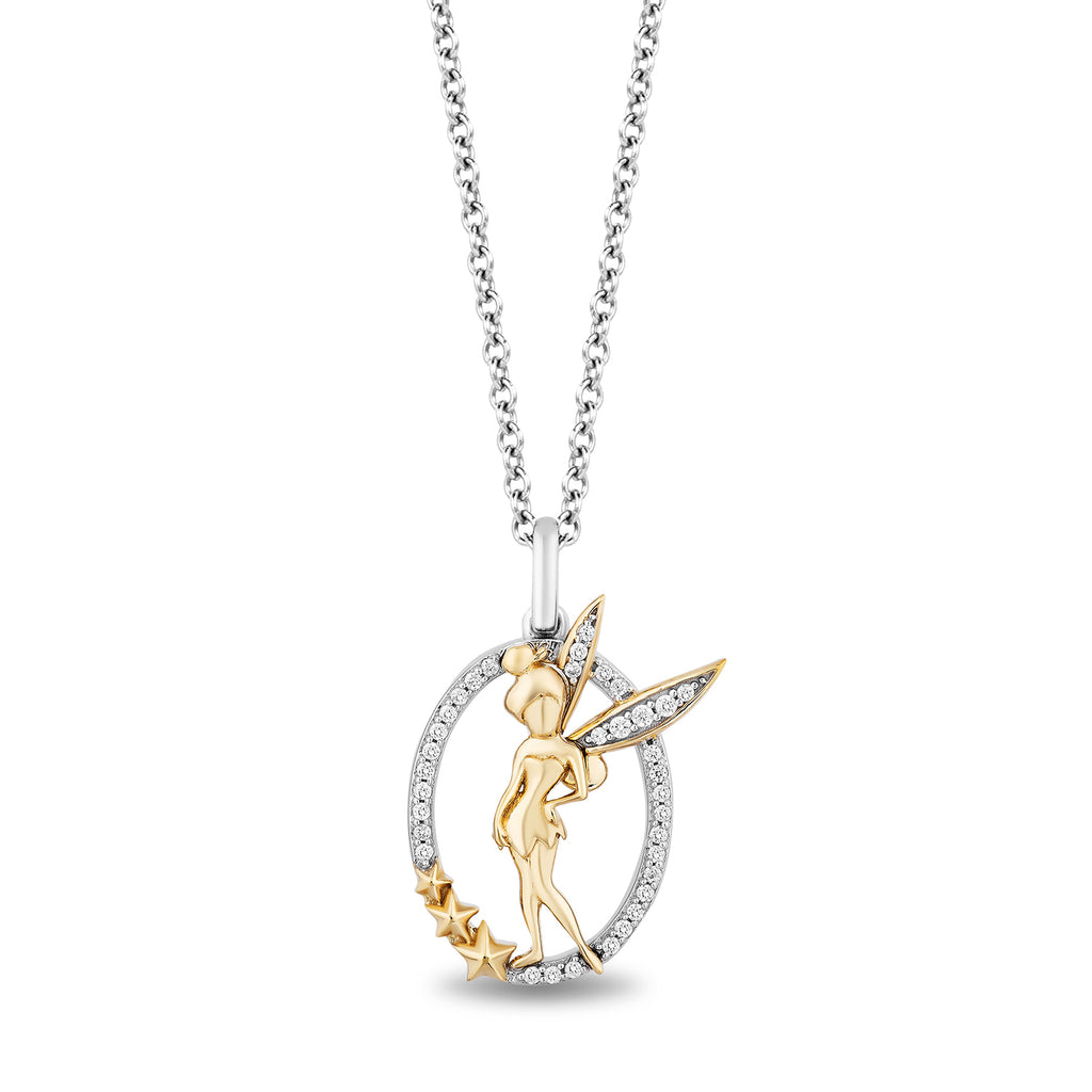 Enchanted Disney Fine Jewelry 14K Yellow Gold Over Sterling Silver with 1 10 CTTW Diamond Tinker Bell Pendant Necklace